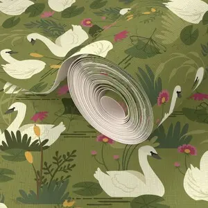 Spoonflower Trumpeter Swan 100% Natural Sisal Grasscloth Wallcovering - Green
