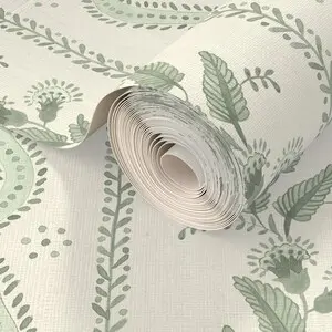 Spoonflower Soft Green On Cream 100% Natural Sisal Grasscloth Wallcovering - Gray,green