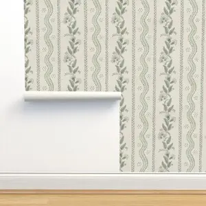 Spoonflower Soft Green On Cream 100% Natural Sisal Grasscloth Wallcovering - Gray,green