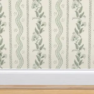 Spoonflower Soft Green On Cream 100% Natural Sisal Grasscloth Wallcovering - Gray,green