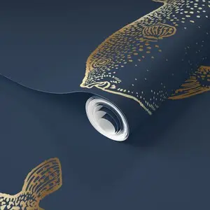 Spoonflower Puffer Fish Blowfish Blow Gold And Navy Office Custom Removable Wallpaper - Blue,gold,gray