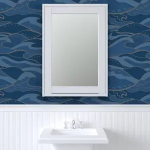 Spoonflower Monochromatic Dark Navy Ocean Waves Tide Custom Pre-pasted Wallpaper - Blue