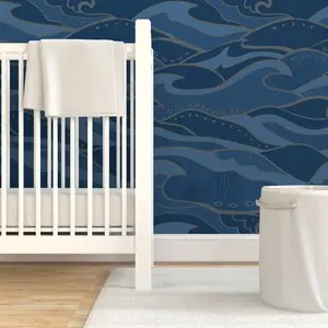 Spoonflower Monochromatic Dark Navy Ocean Waves Tide Custom Pre-pasted Wallpaper - Blue