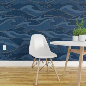 Spoonflower Monochromatic Dark Navy Ocean Waves Tide Custom Pre-pasted Wallpaper - Blue