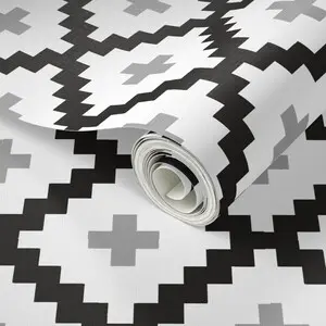 Spoonflower Diamond Aztec Chevron Black And White Grey Neutral Traditional Wallpaper - Black,white,gray