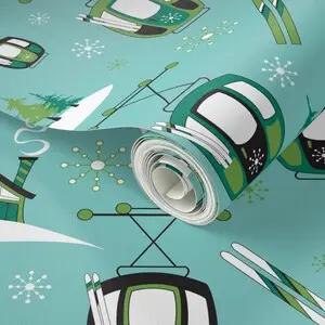 Spoonflower Ski Skiing Snow Snowflake Winter Alpine Retro Custom Pre-pasted Wallpaper Blue,white,mint