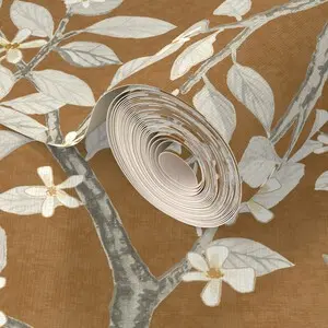Spoonflower Curry And Blush Climbing Citrus Grove With Peonies 100% Natural Sisal Grasscloth Wallcovering Pink