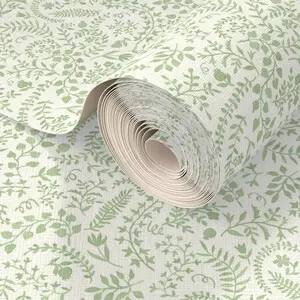 Spoonflower Veronica Soft Greens On White 100% Natural Sisal Grasscloth Wallcovering - Green