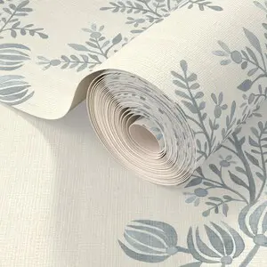 Spoonflower Soft Blue On Cream Emma Floral Toss 100% Natural Sisal Grasscloth Wallcovering Blue