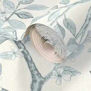 Spoonflower Soft Blue On White Elsie's Garden 100% Natural Sisal Grasscloth Wallcovering Blue
