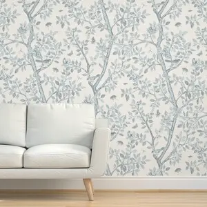 Spoonflower Soft On White Elsie's Garden 100% Natural Sisal Grasscloth Wallcovering - Blue
