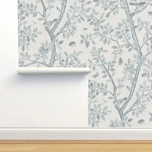 Spoonflower Soft On White Elsie's Garden 100% Natural Sisal Grasscloth Wallcovering - Blue