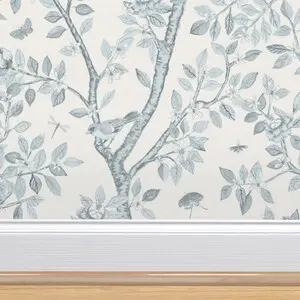 Spoonflower Soft On White Elsie's Garden 100% Natural Sisal Grasscloth Wallcovering - Blue