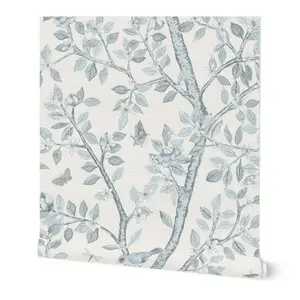 Spoonflower Soft On White Elsie's Garden 100% Natural Sisal Grasscloth Wallcovering - Blue