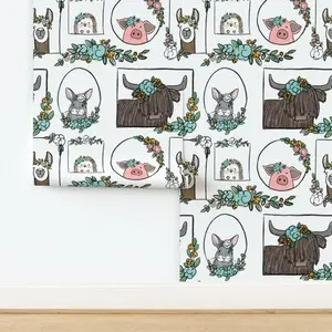 Spoonflower Rabbit Bunny Hedgehog Pig Cow Portraits Llama Custom Pre-pasted Wallpaper - Gray