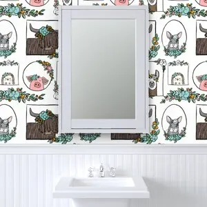 Spoonflower Rabbit Bunny Hedgehog Pig Cow Portraits Llama Custom Pre-pasted Wallpaper - Gray