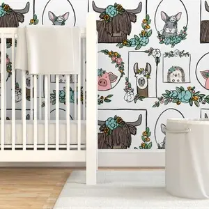 Spoonflower Rabbit Bunny Hedgehog Pig Cow Portraits Llama Custom Pre-pasted Wallpaper - Gray