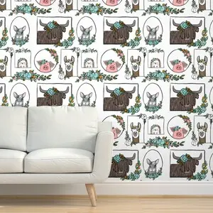 Spoonflower Rabbit Bunny Hedgehog Pig Cow Portraits Llama Custom Pre-pasted Wallpaper - Gray