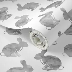 Spoonflower Watercolor Monochrome Gender Neutral Bunny Bunnies Custom Pre-pasted Wallpaper - Gray