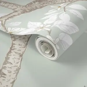 Spoonflower Leaves Grey Birds Trees Citrus Taupe Custom Pre-pasted Wallpaper - Gray