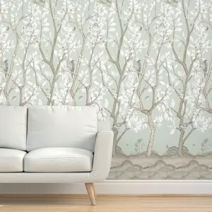 Spoonflower Leaves Grey Birds Trees Citrus Taupe Custom Pre-pasted Wallpaper - Gray