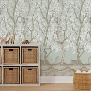 Spoonflower Leaves Grey Birds Trees Citrus Taupe Custom Pre-pasted Wallpaper - Gray