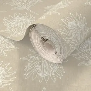 Spoonflower Small Protea 13 2 100% Natural Sisal Grasscloth Wallcovering - Tan,white