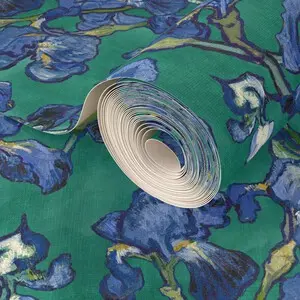 Spoonflower Vincent Van Gogh Irises On Viridian 100% Natural Sisal Grasscloth Wallcovering - Green