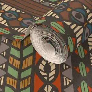 Spoonflower Aboriginal Graphics Brown And 100% Natural Sisal Grasscloth Wallcovering - Green