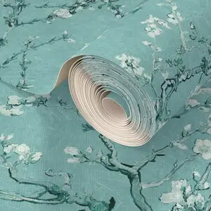 Spoonflower Vincent Van Gogh Almond Blossom Aqua Blue 100% Natural Sisal Grasscloth Wallcovering - Aqua,blue
