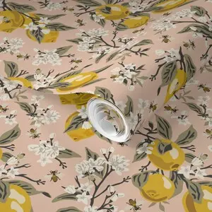 Spoonflower Lemons & Bees Blush Custom Pre-pasted Wallpaper - Green,pink,brown