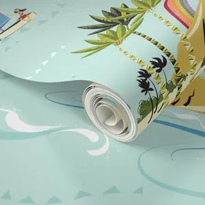 Spoonflower Diamond Head Hawaii Beach Sailing Tiki Mid Custom Pre-pasted Wallpaper