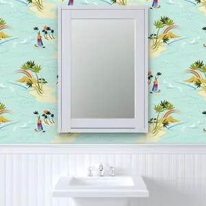 Spoonflower Diamond Head Hawaii Beach Sailing Tiki Mid Custom Pre-pasted Wallpaper