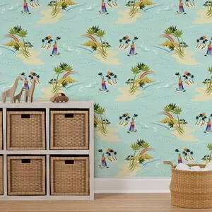 Spoonflower Diamond Head Hawaii Beach Sailing Tiki Mid Custom Pre-pasted Wallpaper