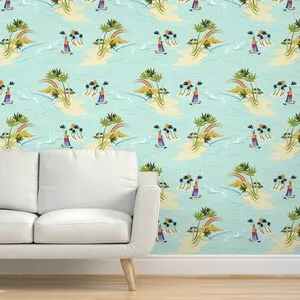 Spoonflower Diamond Head Hawaii Beach Sailing Tiki Mid Custom Pre-pasted Wallpaper