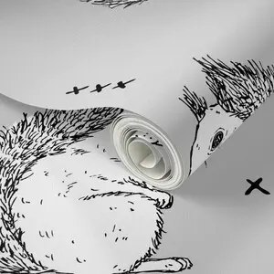 Spoonflower Sketch Hand Drawn Squirrel Baby Nordic Forest Custom Removable Wallpaper - Black,white,gray