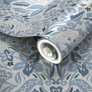 Spoonflower Victorian Large Scale Damask Flora William Morris 100% Natural Sisal Grasscloth Wallcovering - Blue