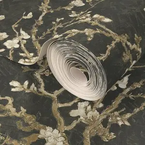 Spoonflower Vincent Van Gogh Almond Blossom Dark Grey Olive 100% Natural Sisal Grasscloth Wallcovering - Gray