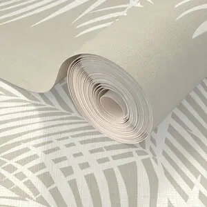 Spoonflower Stripe Beige White Leaf Palm Feathers Tan Neutral 100% Natural Sisal Grasscloth Wallcovering - Gray,white