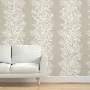 Spoonflower Stripe Beige White Leaf Palm Feathers Tan Neutral 100% Natural Sisal Grasscloth Wallcovering - Gray,white