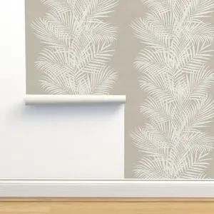 Spoonflower Stripe Beige White Leaf Palm Feathers Tan Neutral 100% Natural Sisal Grasscloth Wallcovering - Gray,white
