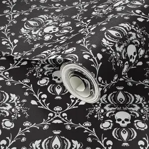 Spoonflower Black And White Skulls Damask Halloween Spooky Custom Pre-pasted Wallpaper - Black,white,gray