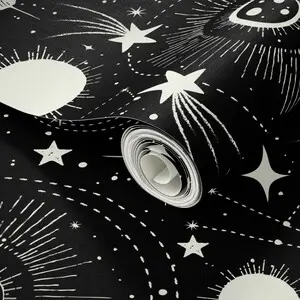 Spoonflower Solar System Black Stars Space Moon Vintage Custom Pre-pasted Wallpaper - Black,white,gray