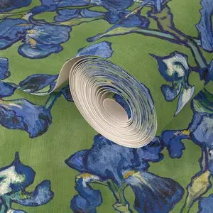 Spoonflower Vincent Van Gogh Irises On Fern Background 100% Natural Sisal Grasscloth Wallcovering - Green