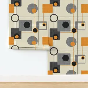Spoonflower Orbs Squares Orange Mod Mid Century Modern Retro Custom Pre-pasted Wallpaper - Orange,gray,black