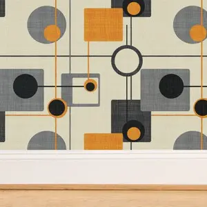Spoonflower Orbs Squares Orange Mod Mid Century Modern Retro Custom Pre-pasted Wallpaper - Orange,gray,black