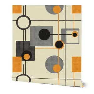 Spoonflower Orbs Squares Orange Mod Mid Century Modern Retro Custom Pre-pasted Wallpaper - Orange,gray,black