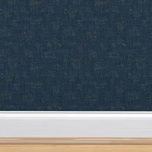 Spoonflower Solid Blue Plain Neutral Floral Texture Woven Navy 100% Natural Sisal Grasscloth Wallcovering - Beige,orange