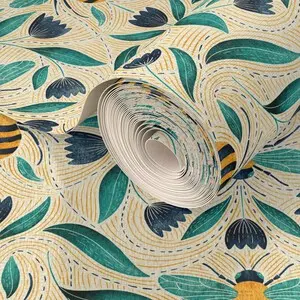 Spoonflower Spring Time Bee Nature Bees Garden Party Beige 100% Natural Sisal Grasscloth Wallcovering Blue,beige