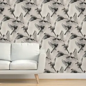 Spoonflower Sparrow Flight Monochrome Large Birds Painted 100% Natural Sisal Grasscloth Wallcovering - Gray,white